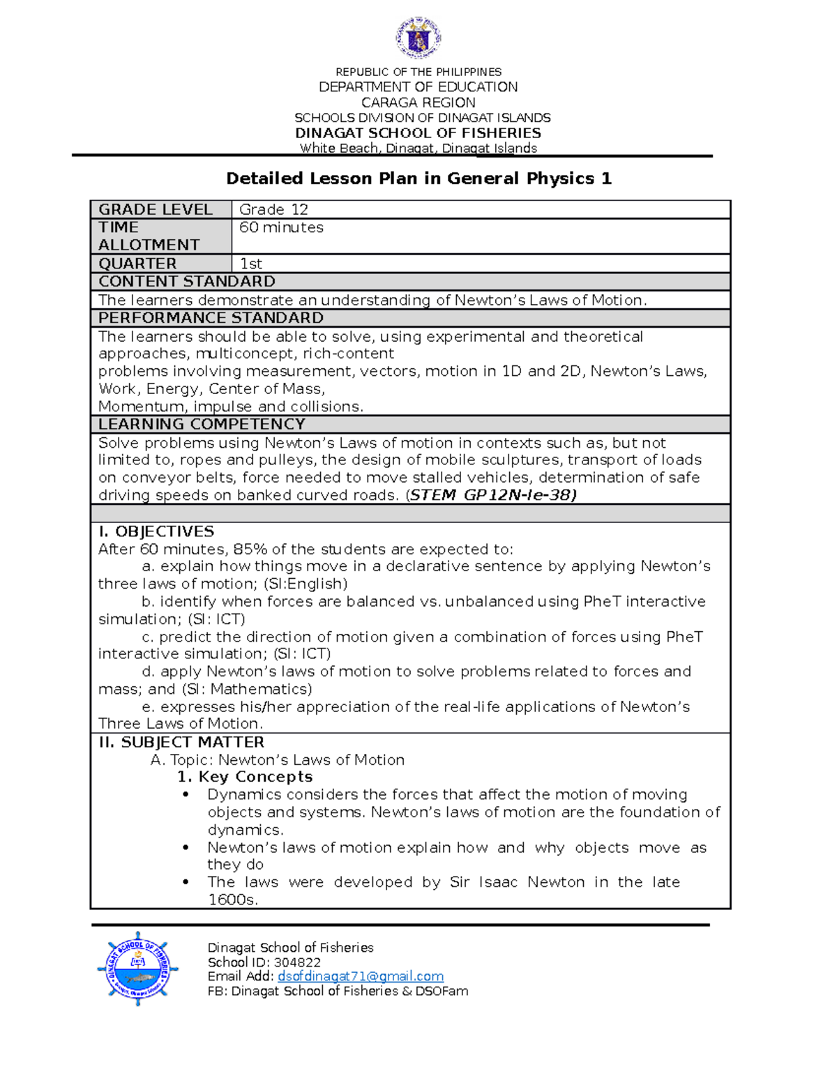 DL1 P - Detailed Lesson Plan on Newton’s 3 Laws of Motion for Grade 12 ...