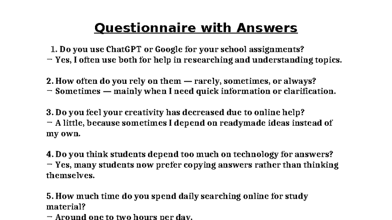 Questionnaire on AI Use in Education: Insights and Opinions - Studocu