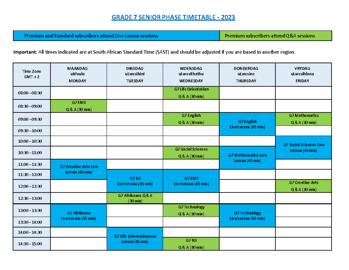Grade 7 Timetable for Senior Phase - 2023 (CAPS) - Studocu