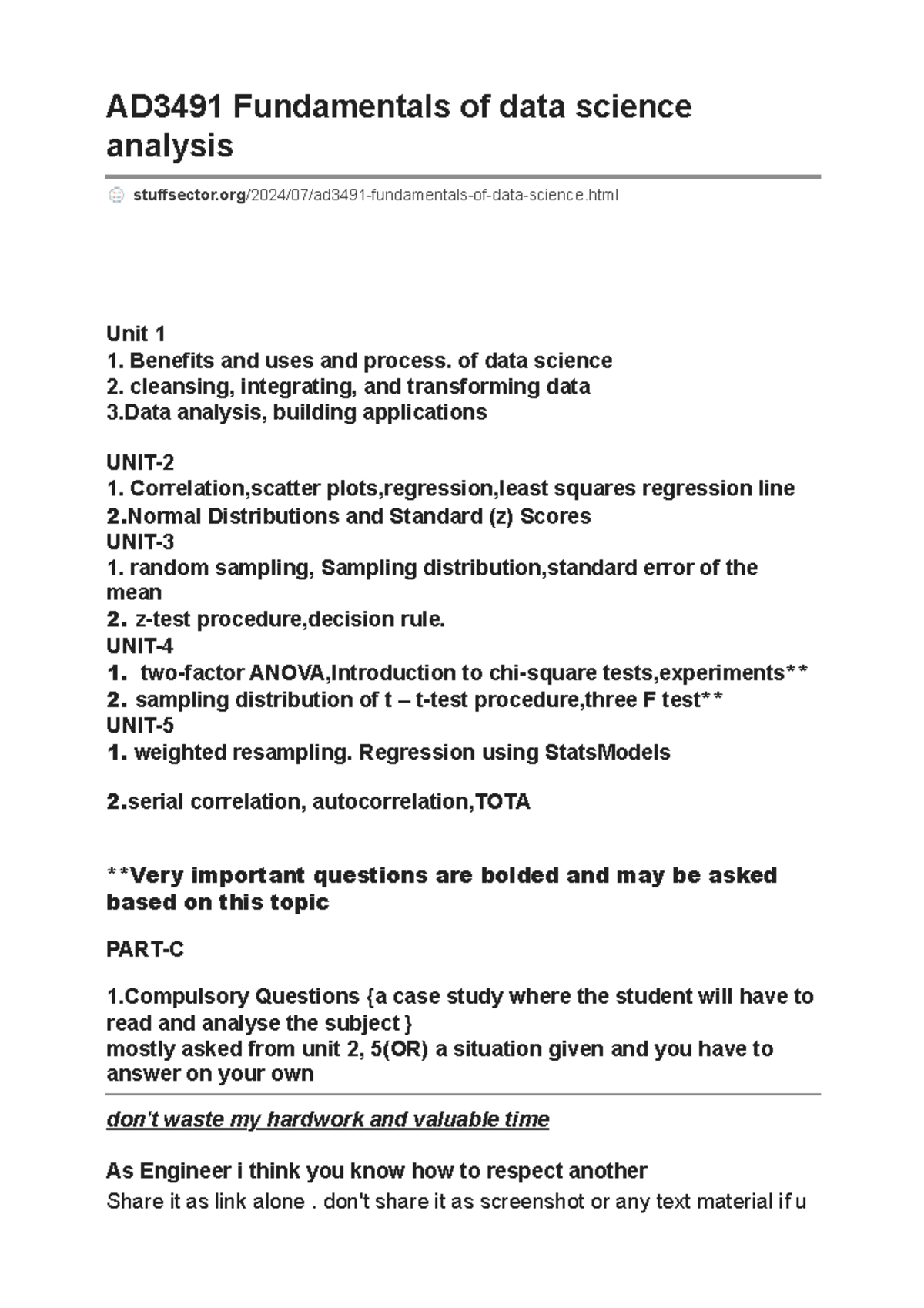 AD3491 Fundamentals of Data Science Analysis: Unit 1 Overview - Studocu