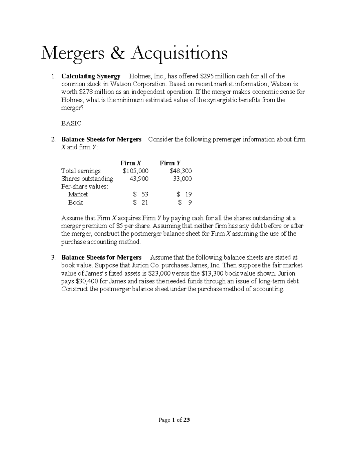 Review Questions for Mergers & Acquisitions - Course Code: MA 101 - Studocu