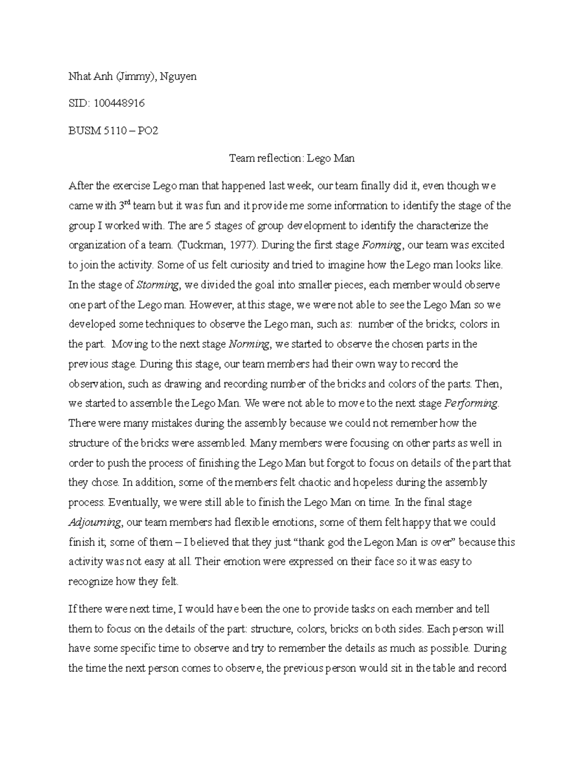 BUSM 5110 - Reflection on Lego Man Team Activity and Group Dynamics ...
