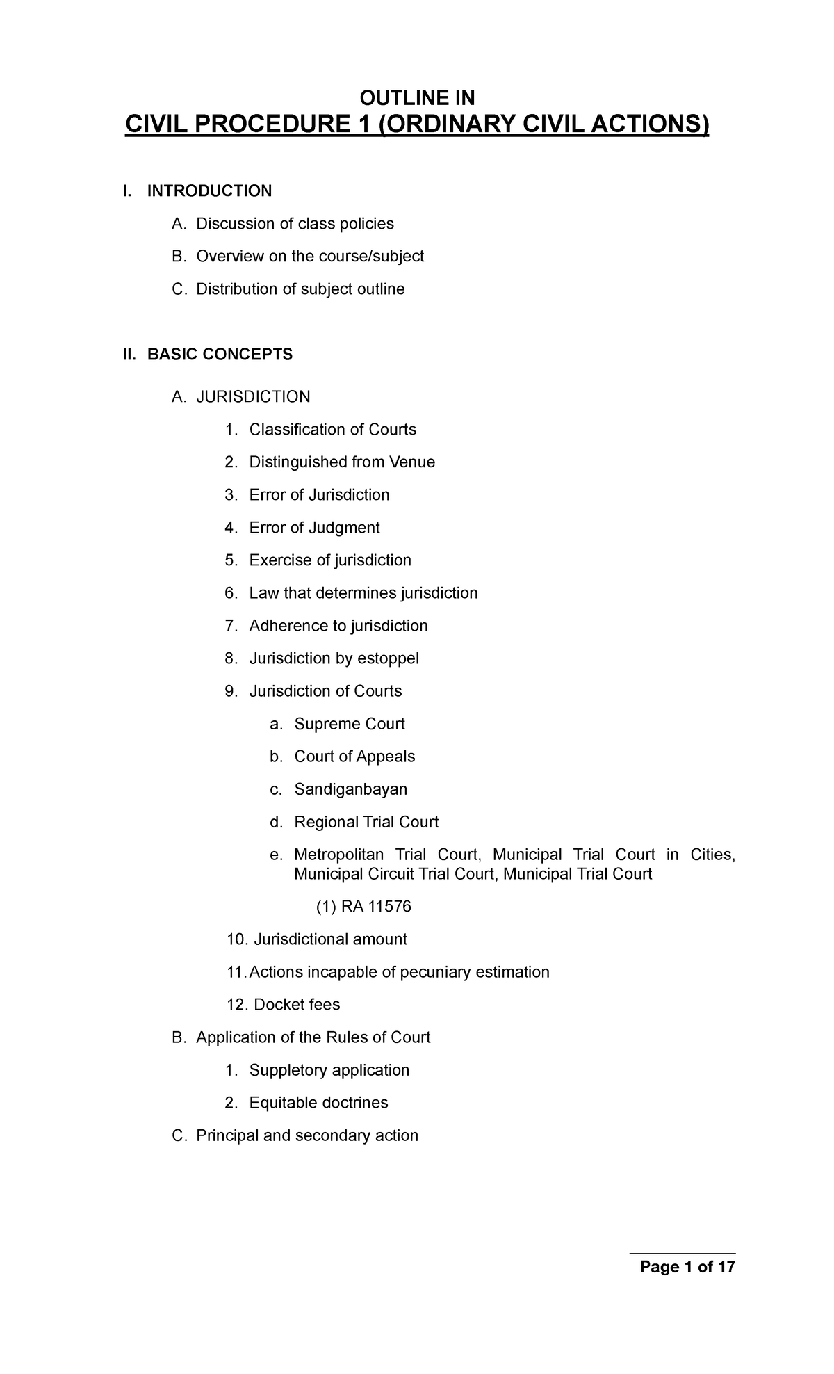 Outline for Civil Procedure 1 Lectures: Topics, Rules, and Cases - Studocu