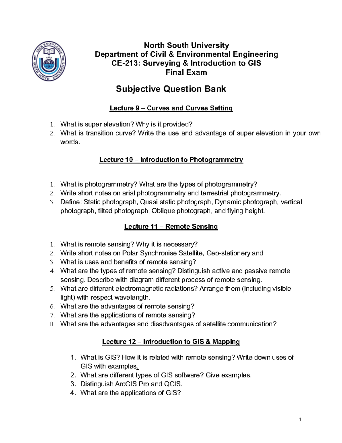 Surveying Final Exam Questions - 1 North South University Department of ...