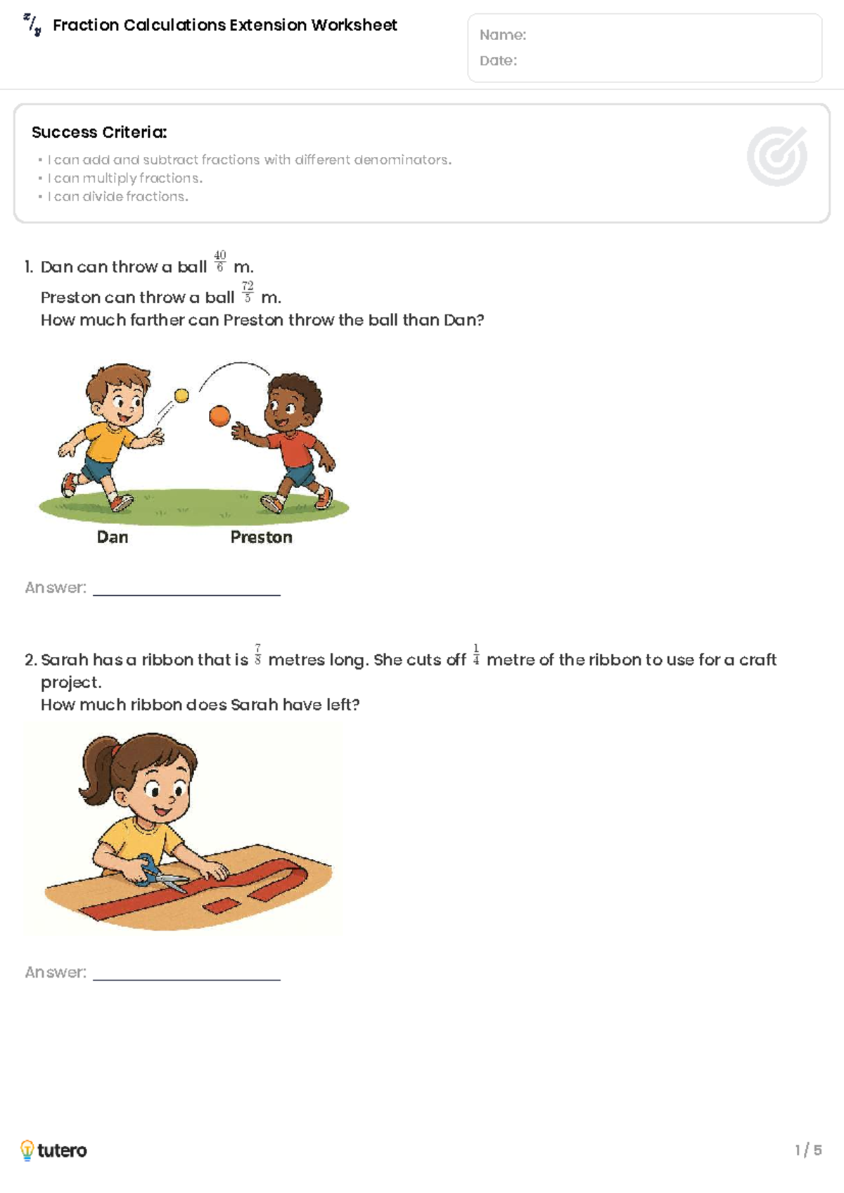 Fraction Calculations Extension Worksheet - Success Criteria and ...