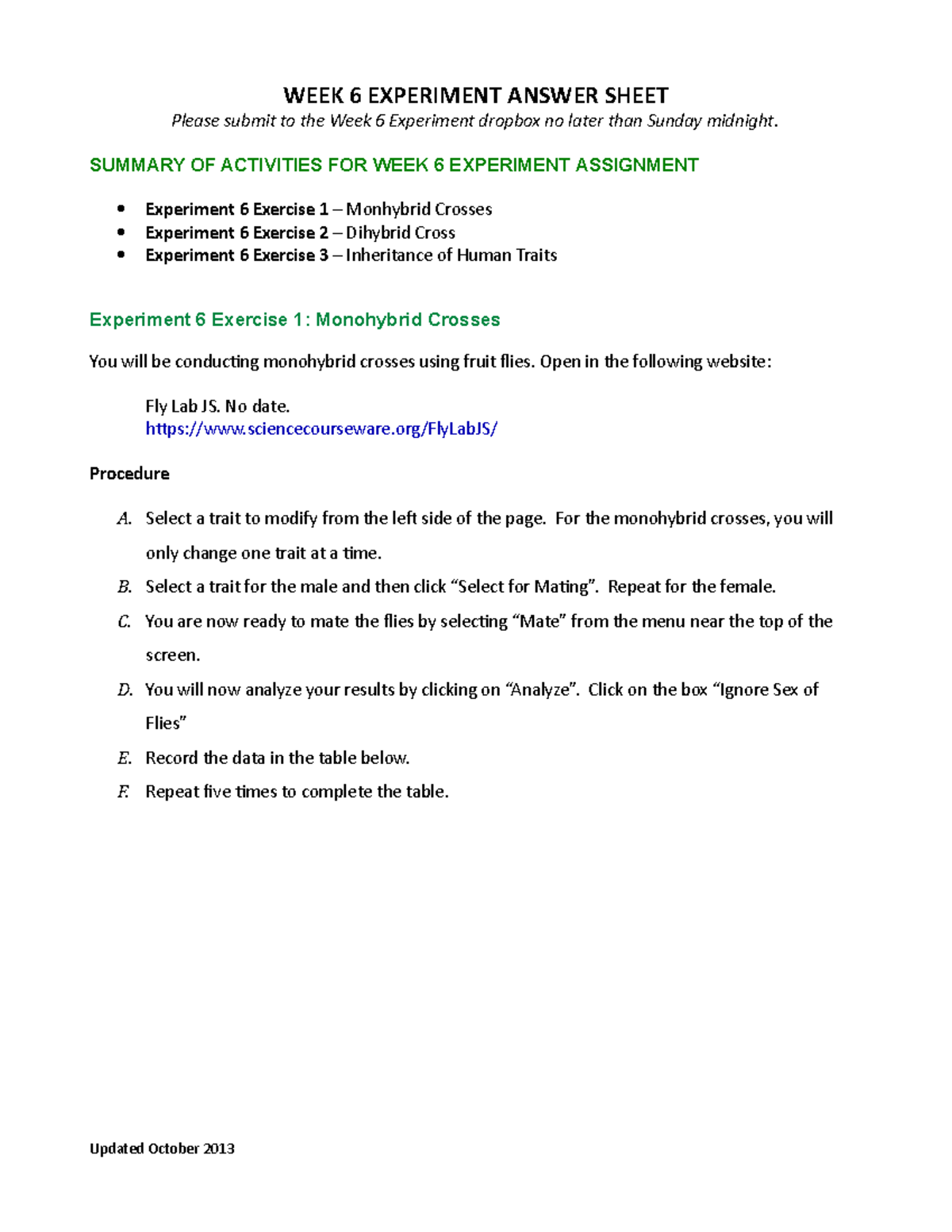 Week 6 Experiment Assignment: Answer Sheet & Activities Overview - Studocu