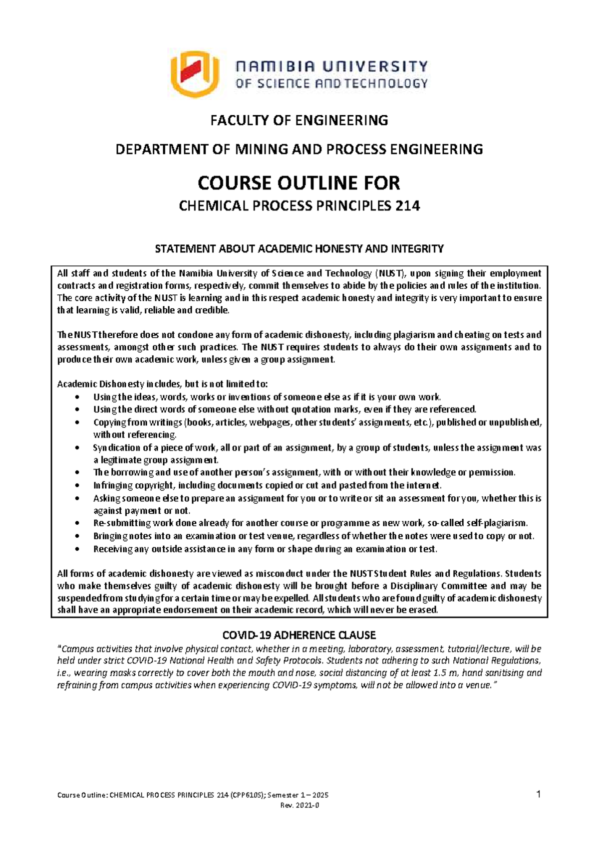 Course Outline: Chemical Process Principles 214 (CPP610S) - Academic ...