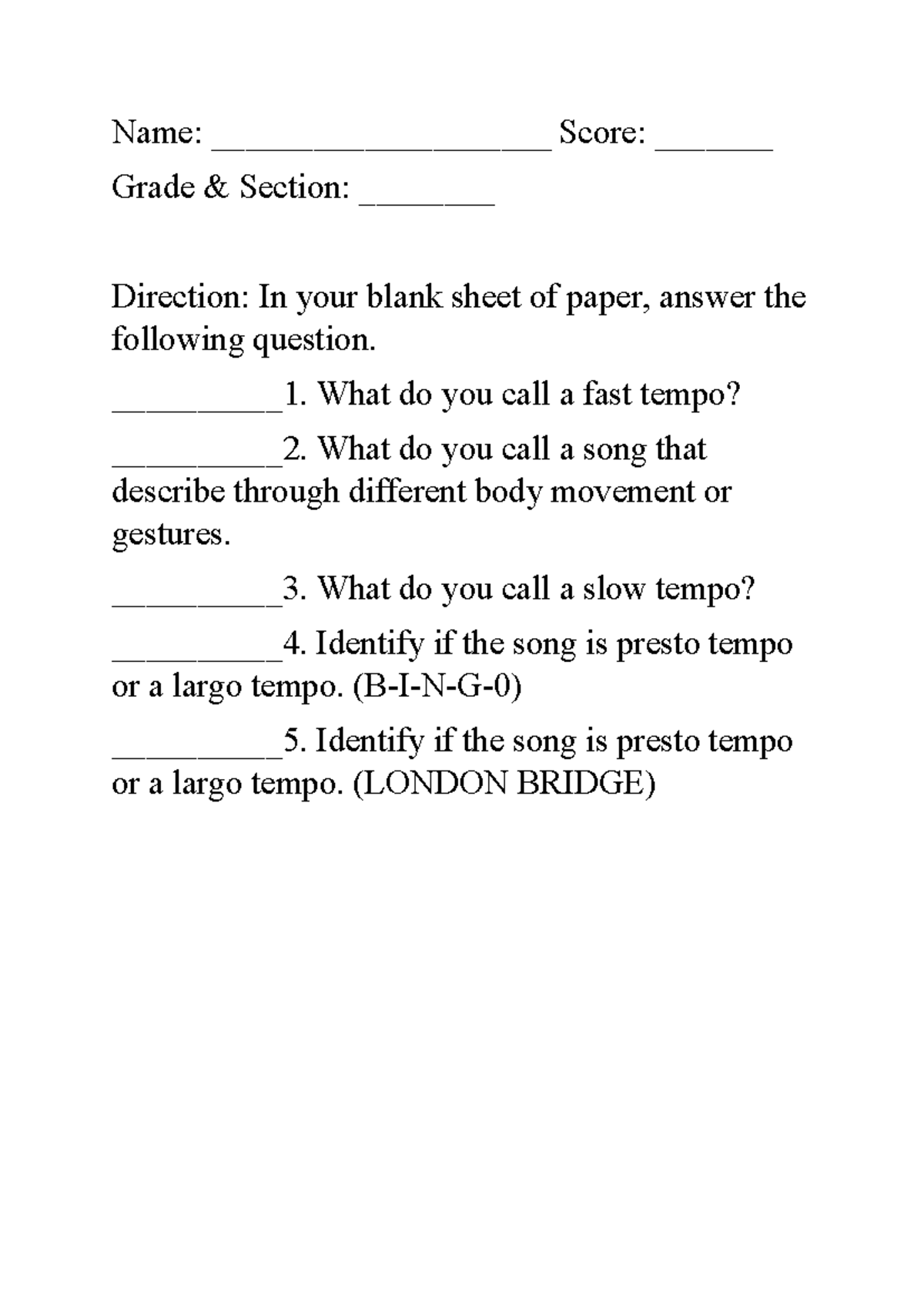 Music Activity - GGFGD: Tempo Identification and Movement - Studocu
