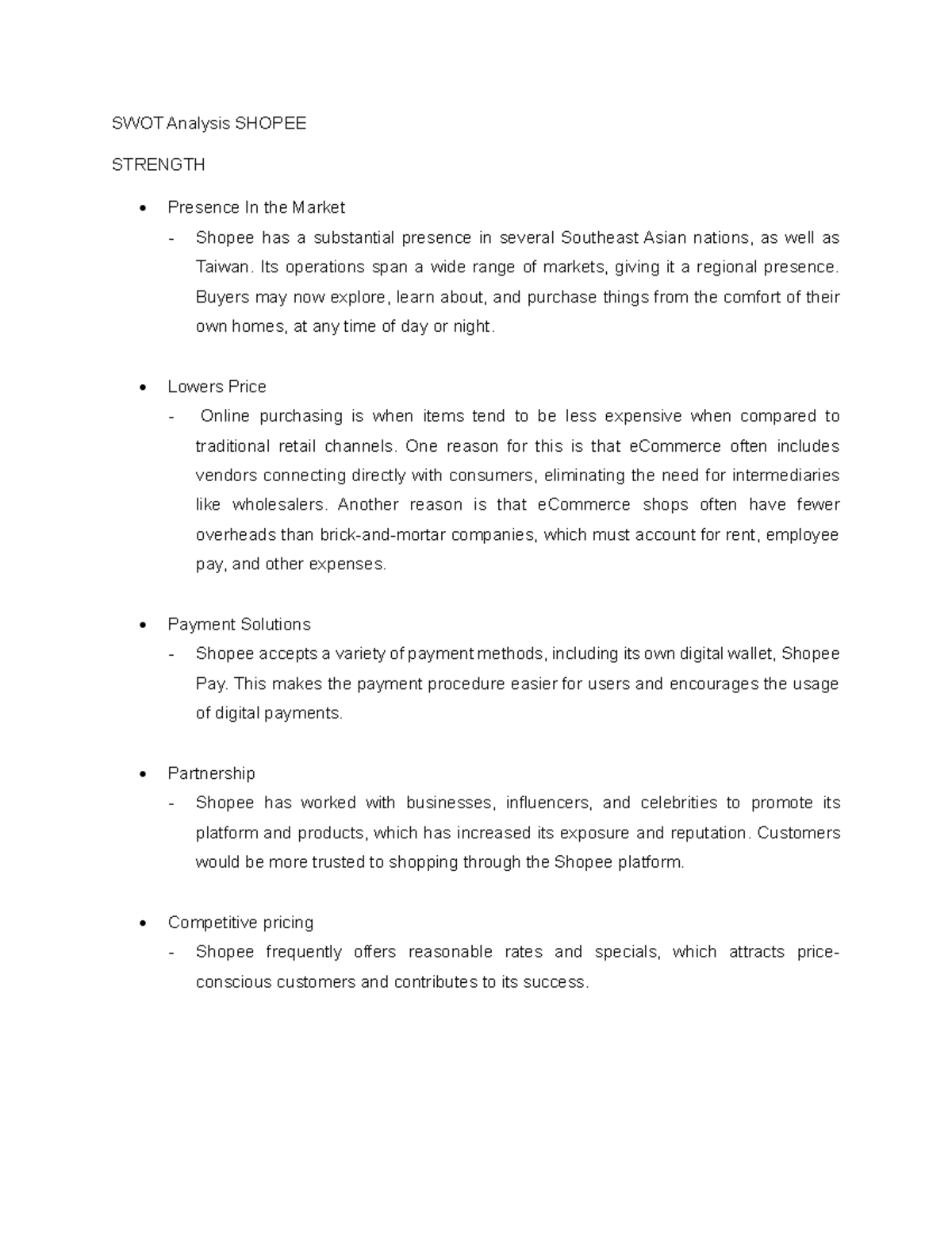 SWOT Analysis of Shopee: Strengths, Weaknesses, and Threats - Studocu
