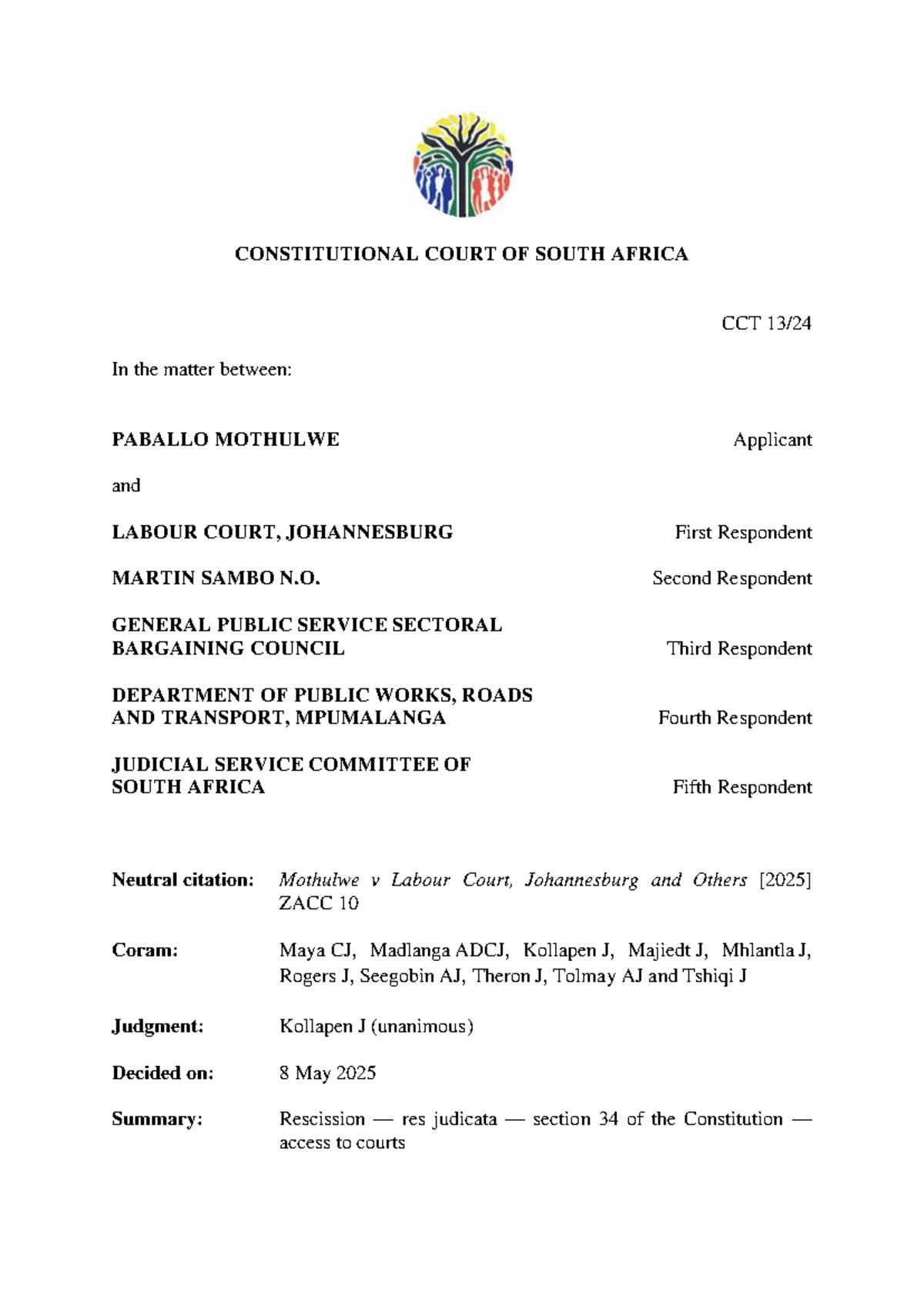 Judgment Analysis: CCT 13-24 Mothulwe v Labour Court, Johannesburg ...