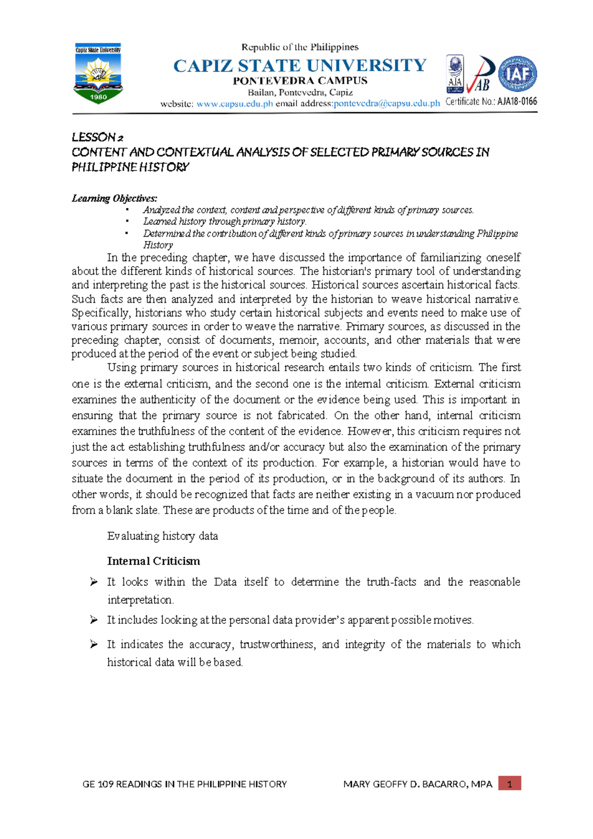 Philippine History Lesson 2: Context & Analysis of Primary Sources ...