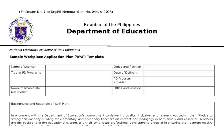 Workplace Application Plan (WAP) Template for Science Class - Studocu