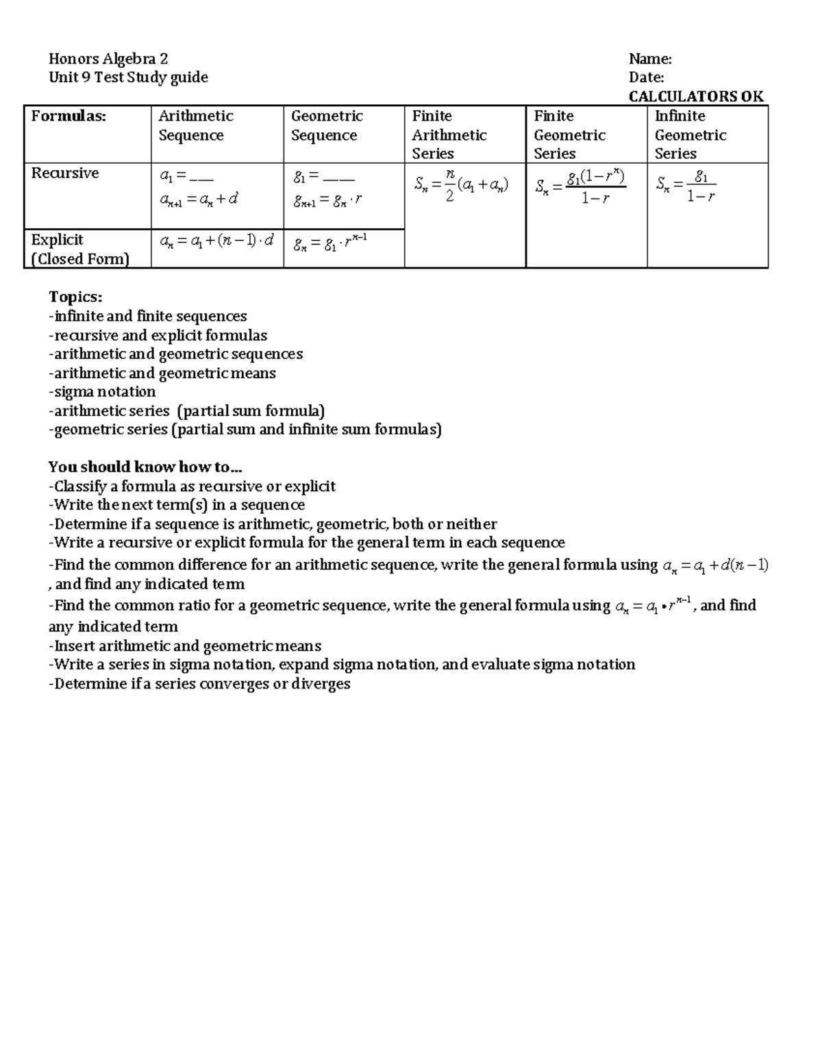 HA2 Unit 9 Test Study Guide: Sequences & Series Formulas - Studocu