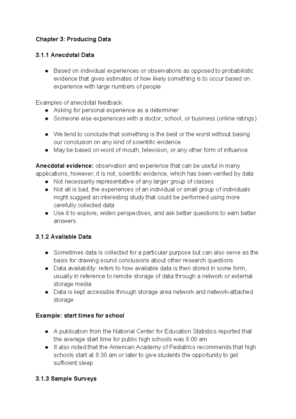 Chapter 3: Producing Data - Anecdotal Evidence, Surveys, and ...