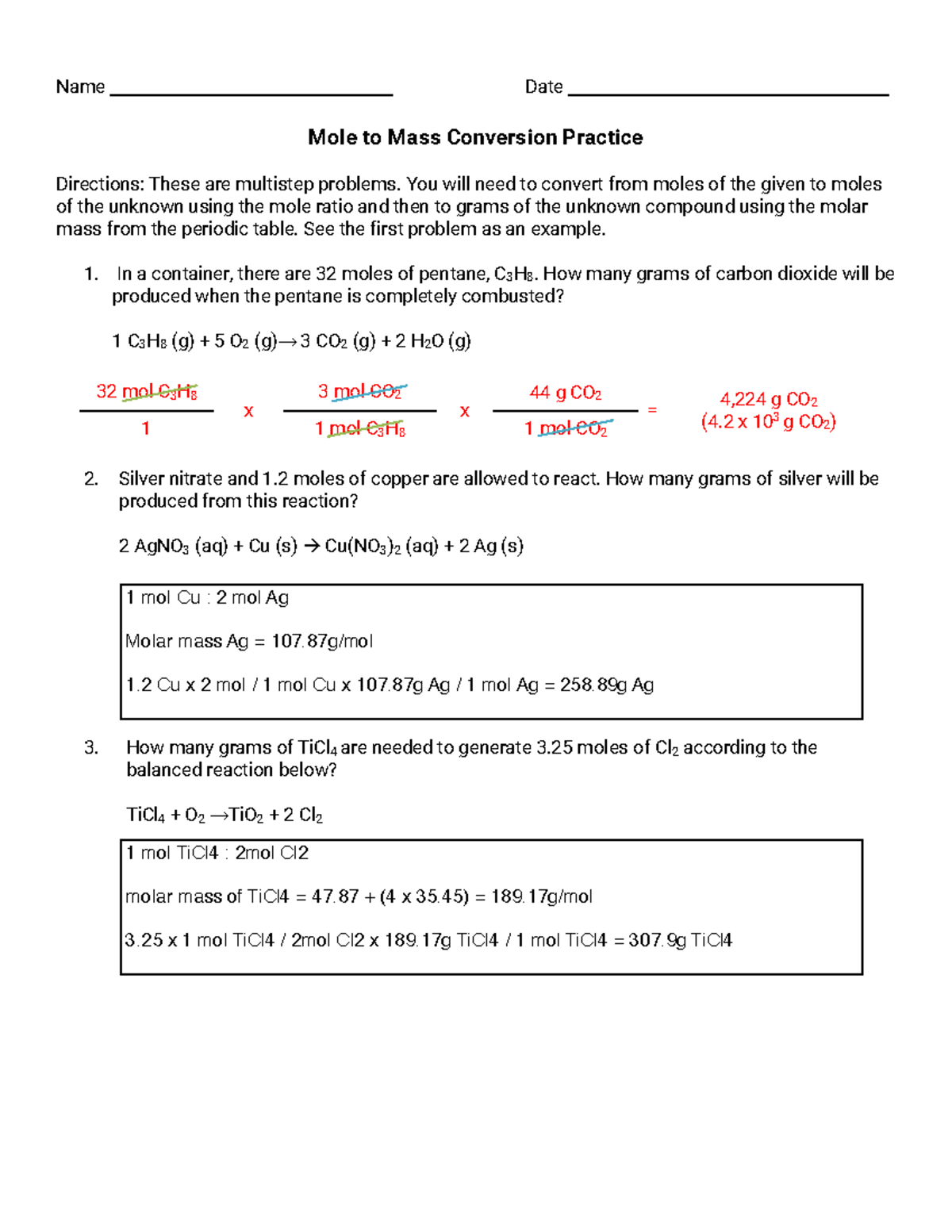 Mole to Mass Conversion Practice Problems - CHEM101 - Studocu