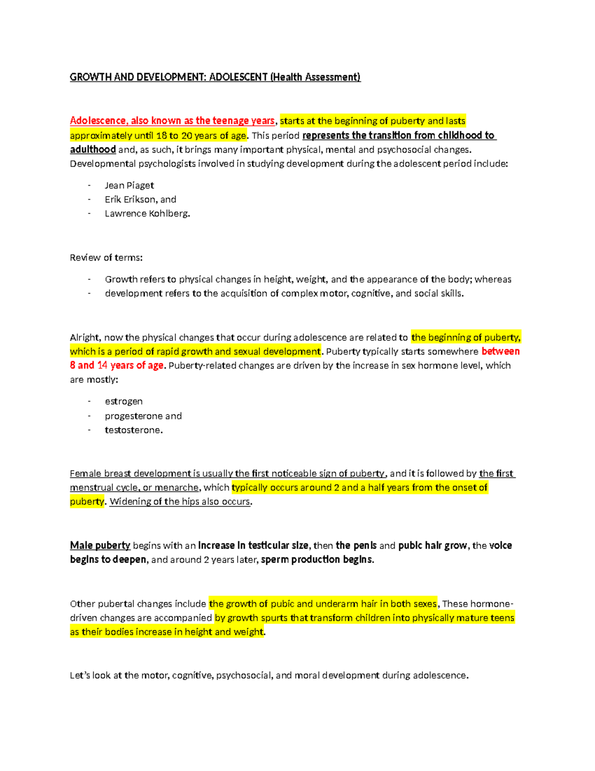 Growth and Development During Adolescence: Health Assessment (INB ...