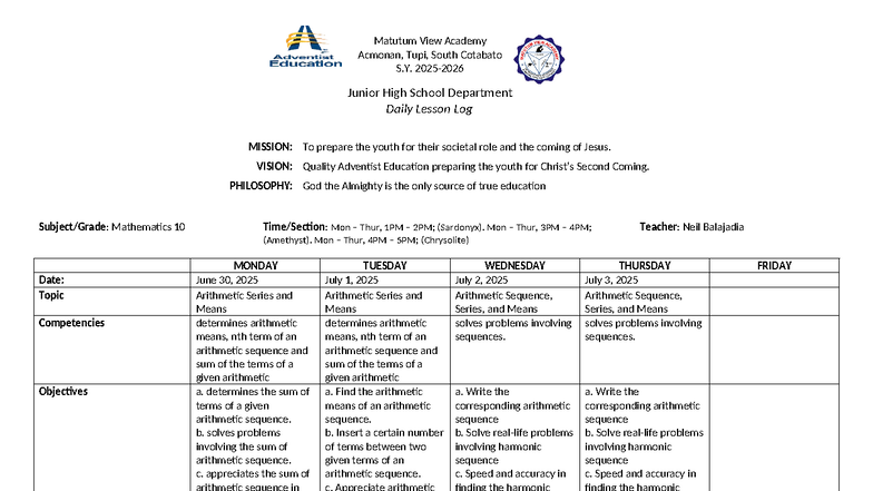 Math 10 Daily Lesson Log (DLL) for June 30 - July 3, 2025 - Studocu