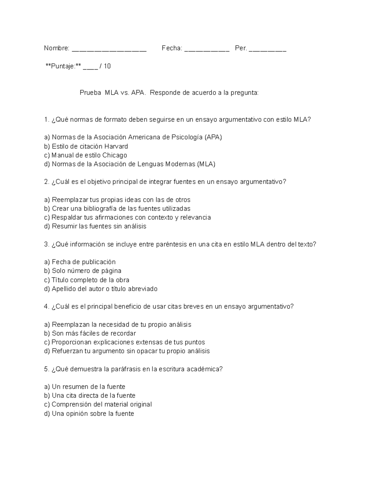 Test #3: Prueba MLA vs. APA (Per. 2) - Respuestas y Análisis - Studocu