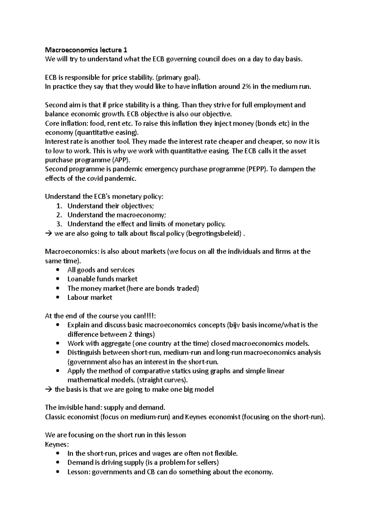 Macroeconomics Lecture Notes: ECB Policies and Economic Concepts ...