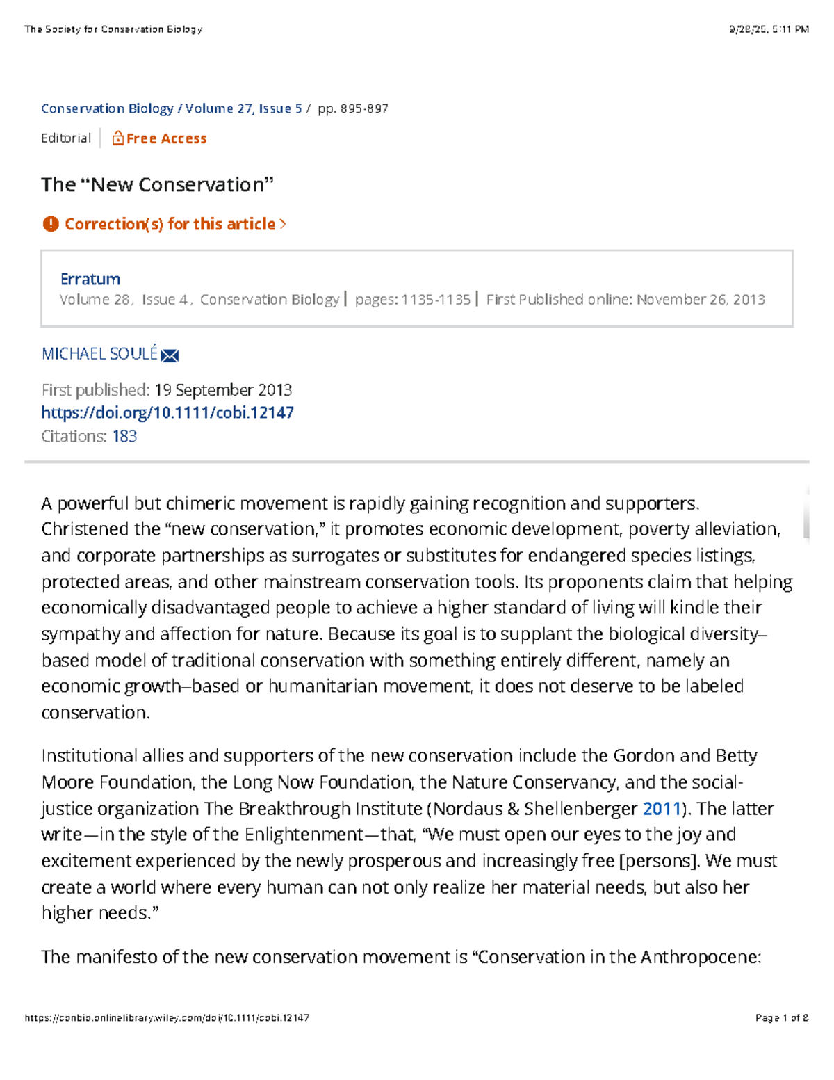 Critique of the New Conservation Movement in Conservation Biology (CB ...