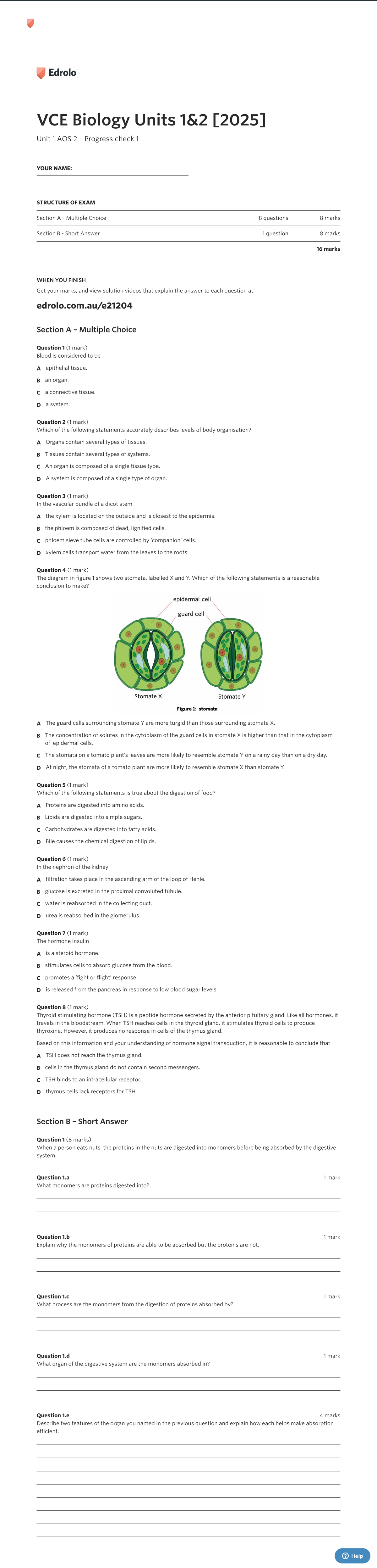 VCE Biology Unit 1 AOS 2 Progress Check 1 Exam Structure and Questions ...