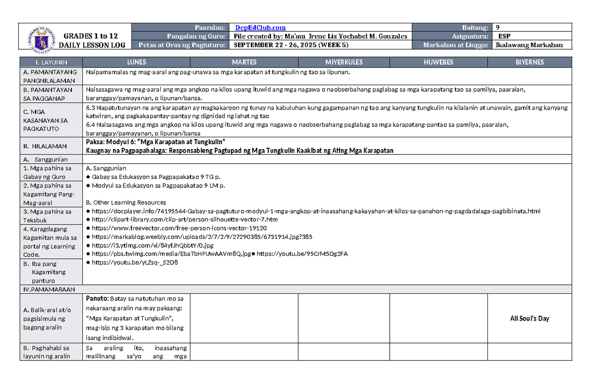 DLL ESP 9 Q2 W5: Daily Lesson Log on Rights and Responsibilities - Studocu