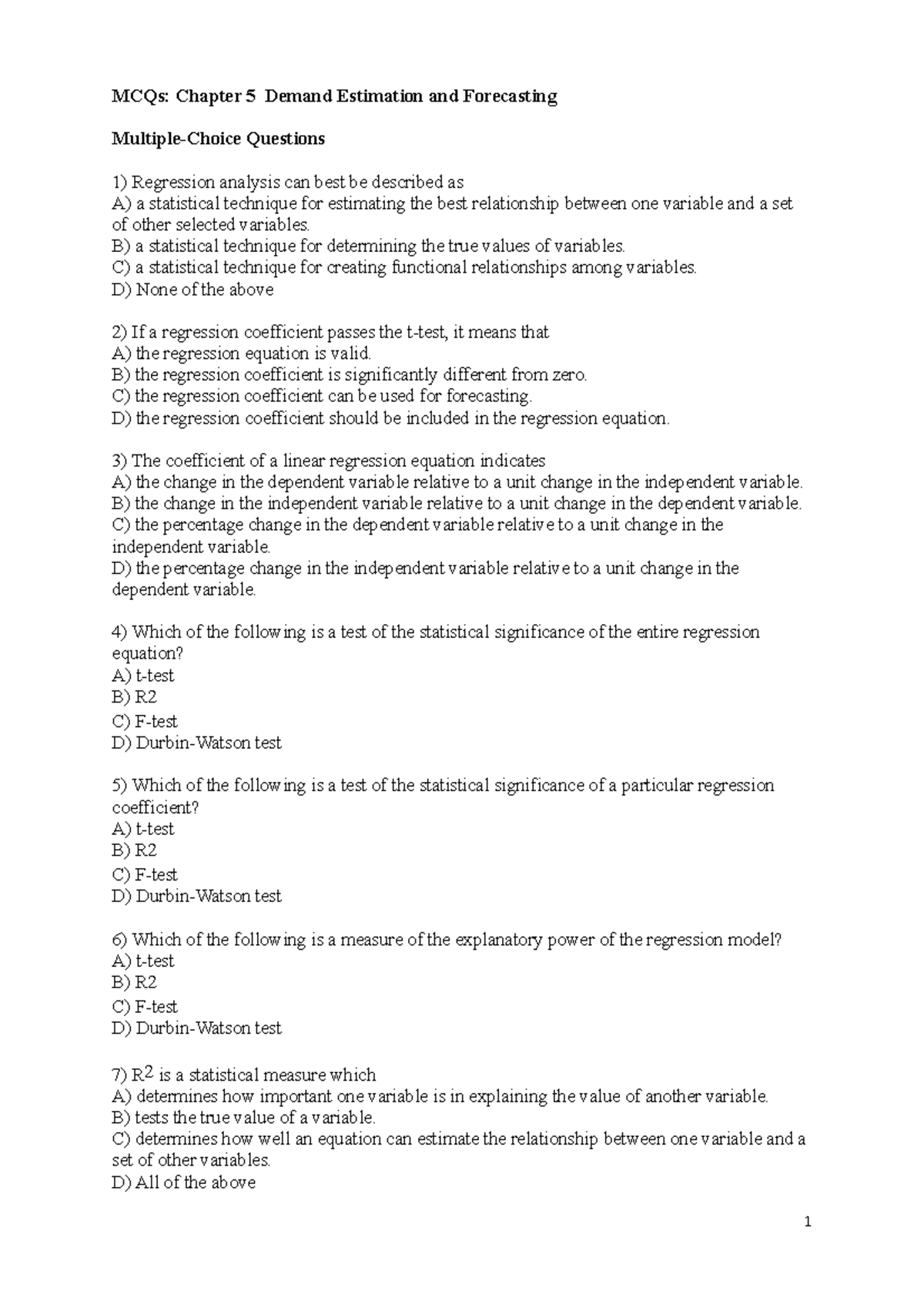 Chapter 5 MCQs: Demand Estimation & Forecasting Strategies for Exams - Studocu