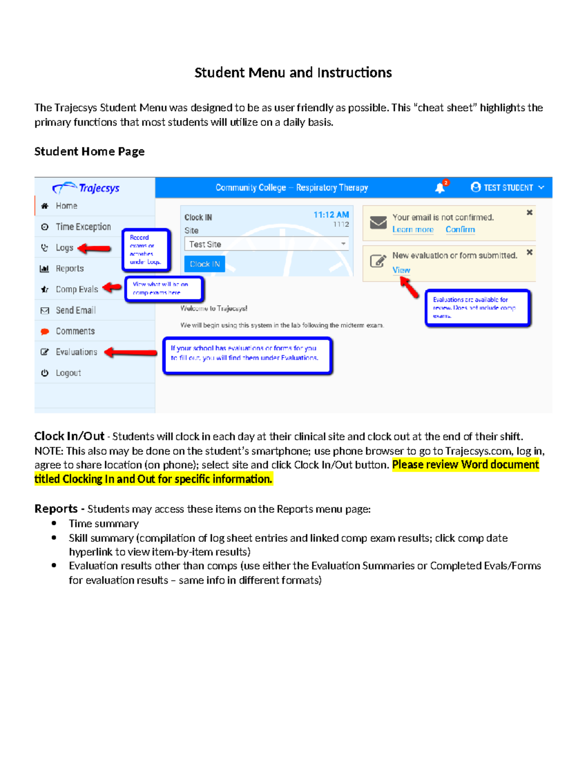 Trajecsys Student Menu Instructions: Daily Clock In/Out Guide - Studocu