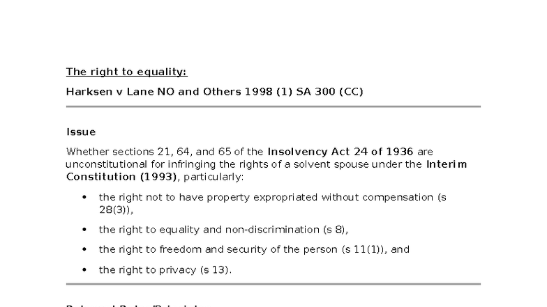 Harksen v Lane NO: Constitutional Analysis of Equality Rights - Studocu