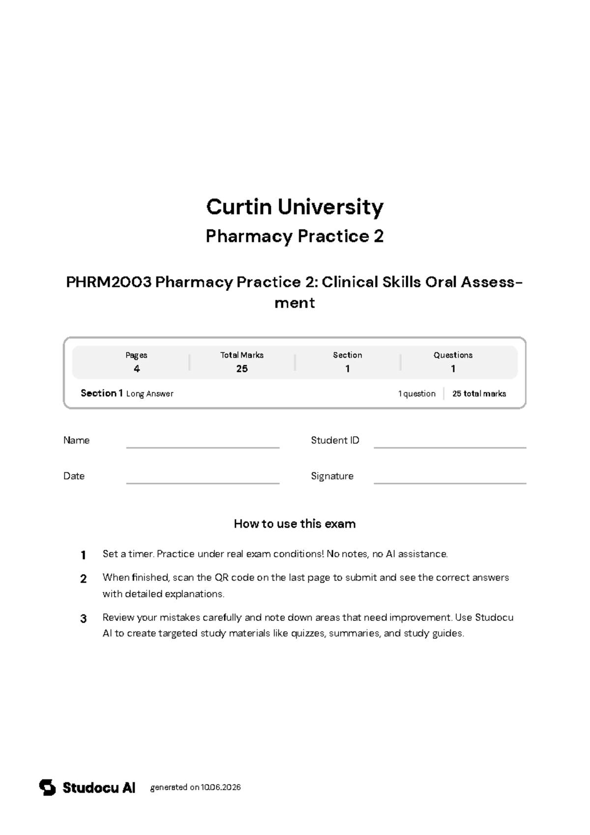PHRM2003 Clinical Skills Oral Assessment: Dermatology & Women's Health ...
