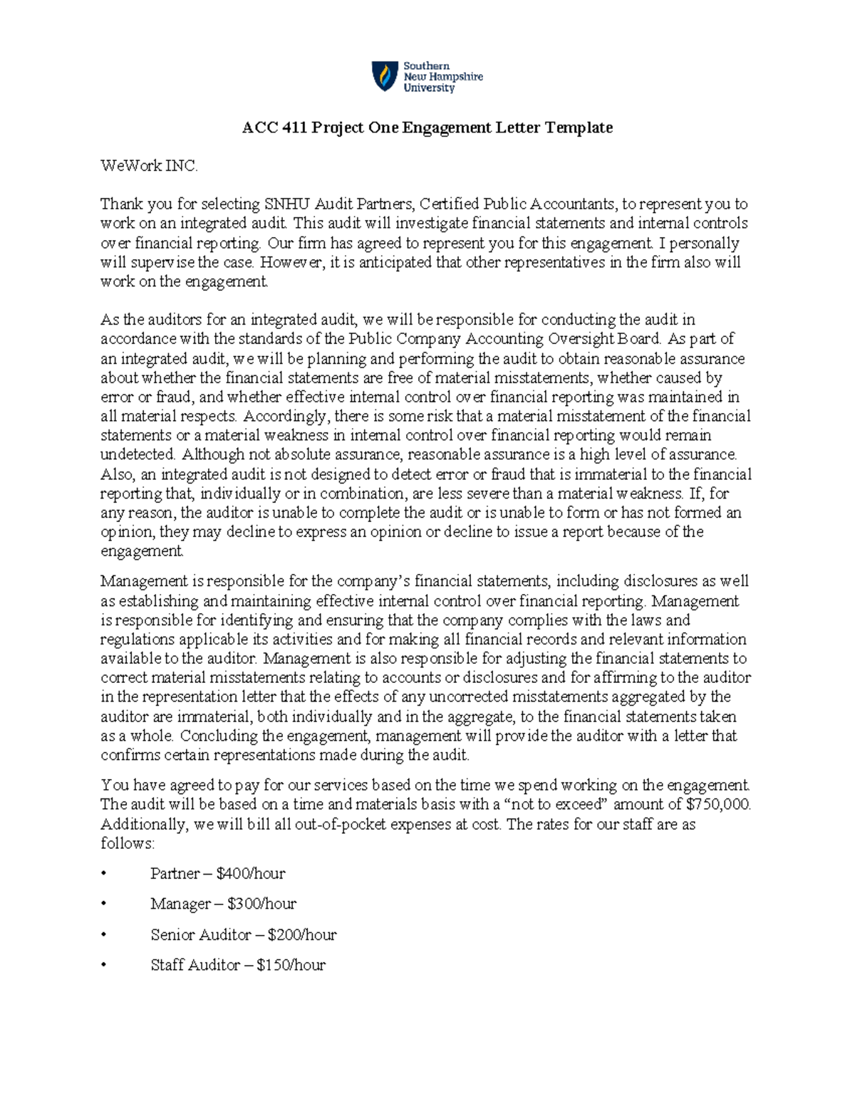 ACC 411 Project One Integrated Audit Engagement Letter Template - Studocu
