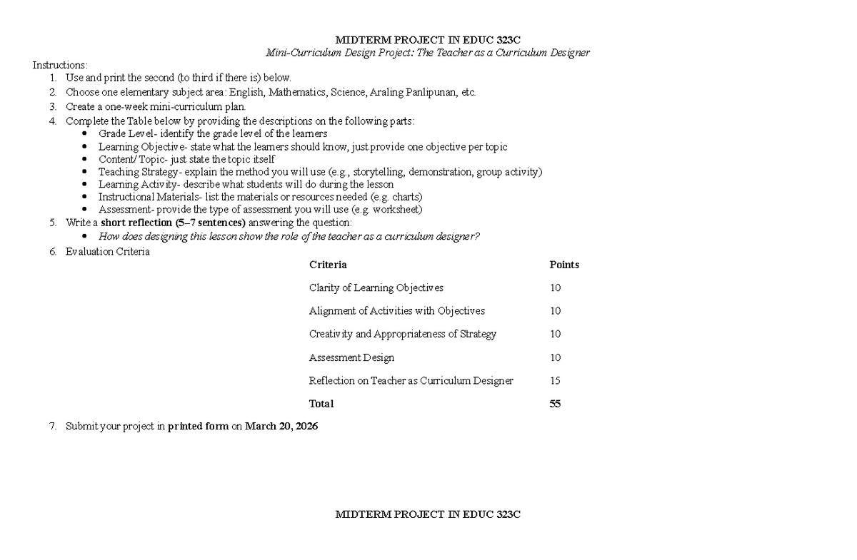 MIDTERM PROJECT IN EDUC 323C: Curriculum Design for Teachers - Studocu