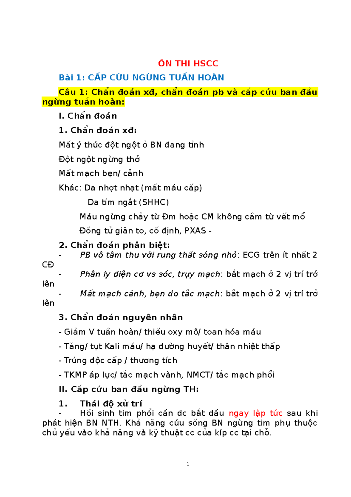 ÔN THI HSCC - CẤP CỨU NGỪNG TUẦN HOÀN & TAI BIẾN MẠCH NÃO - Studocu