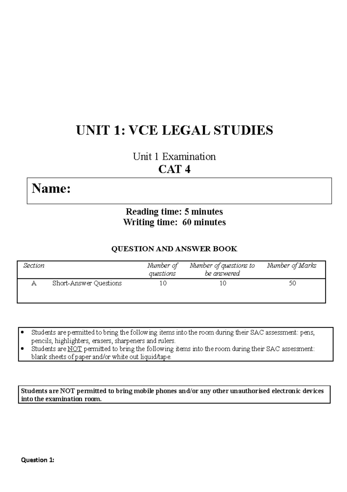 VCE Legal Studies Unit 1 Final Exam Guide - Studocu