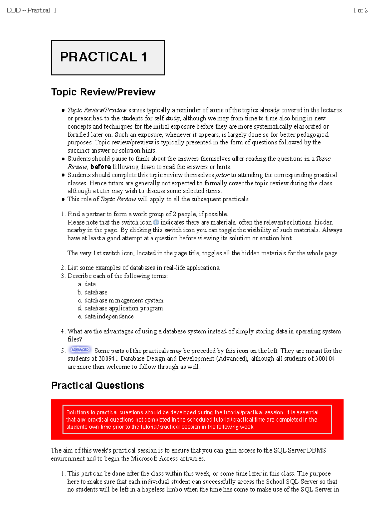 Practical 1 - Learning to design databases - PRACTICAL 1 Topic Review ...