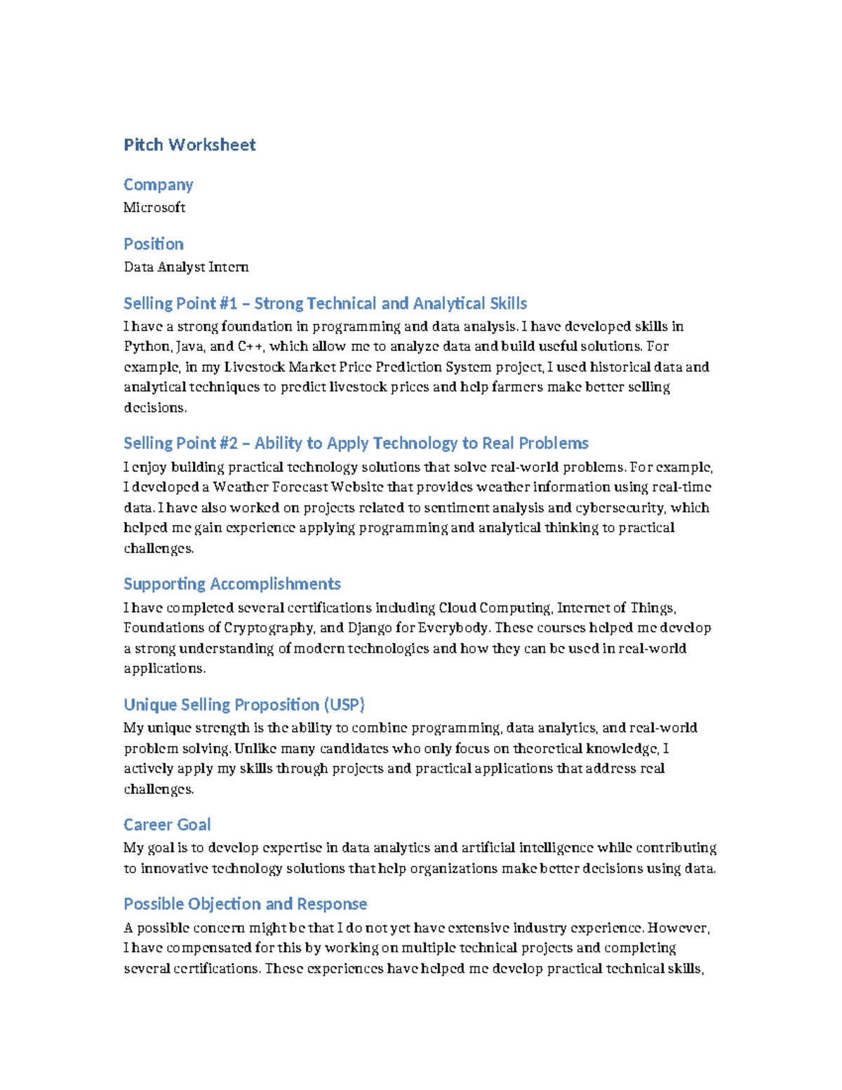 Improved Pitch Worksheet for Microsoft Data Analyst Intern - Studocu