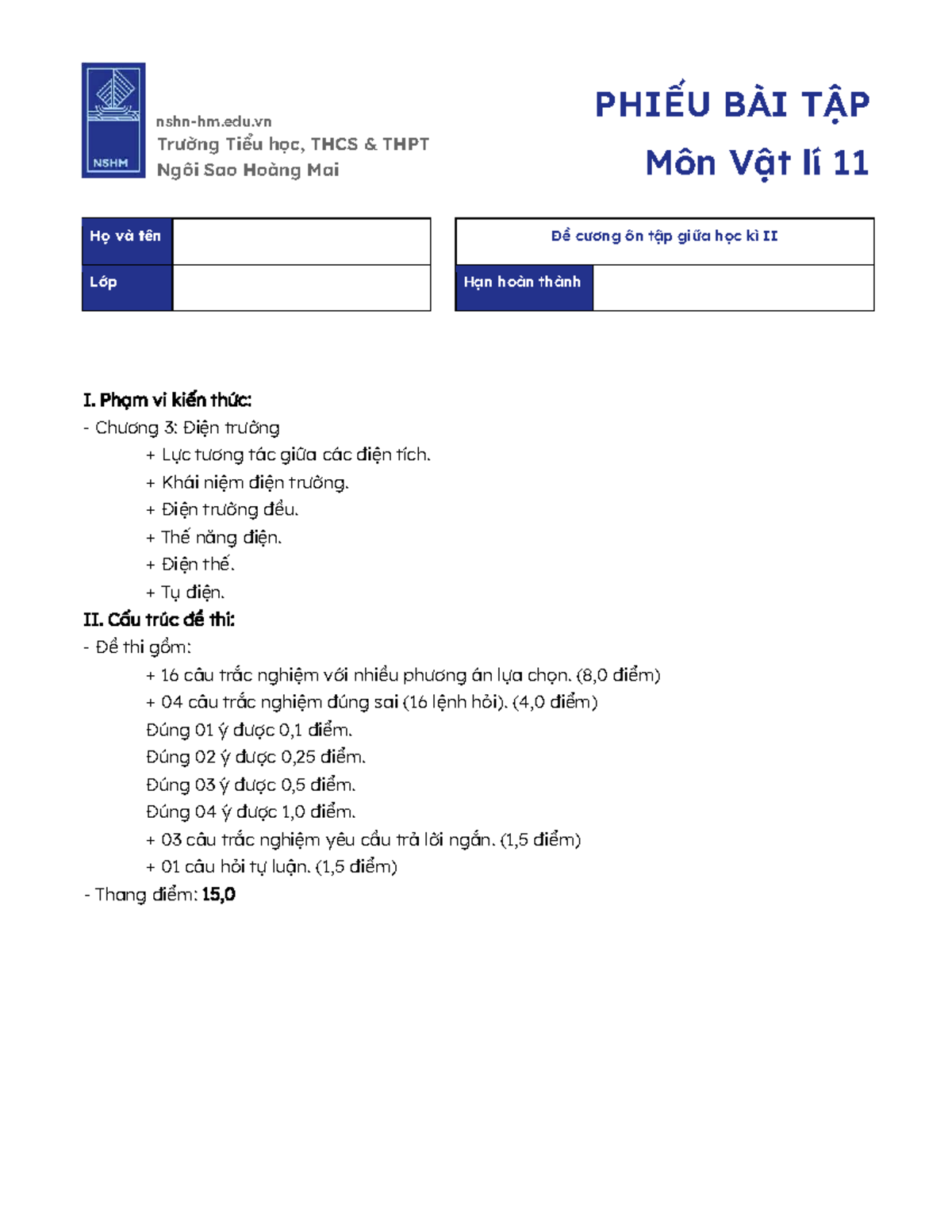 ĐỀ CƯƠNG ÔN TẬP GHKII MÔN VẬT LÍ 11 - Trường Ngôi Sao Hoàng Mai - Studocu