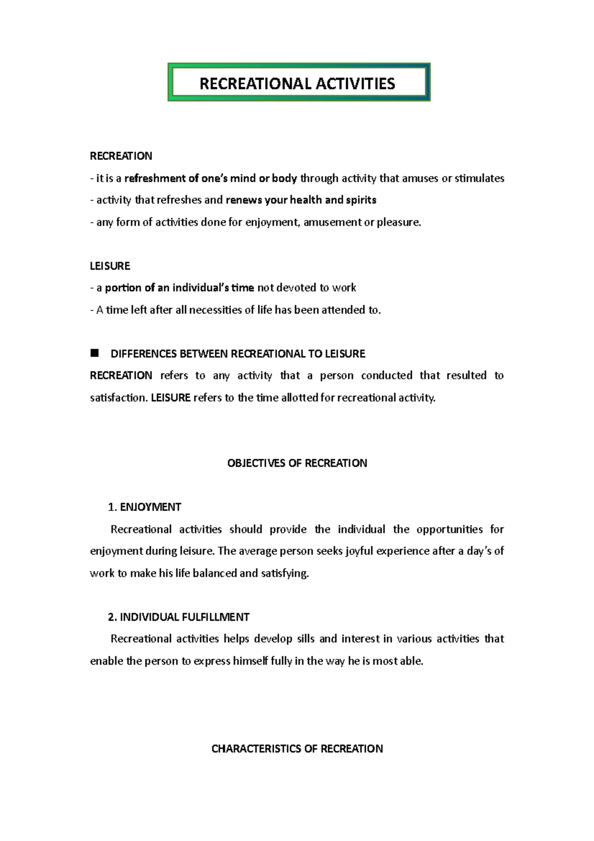 Recreation and Leisure: Understanding Activities and Objectives - Studocu