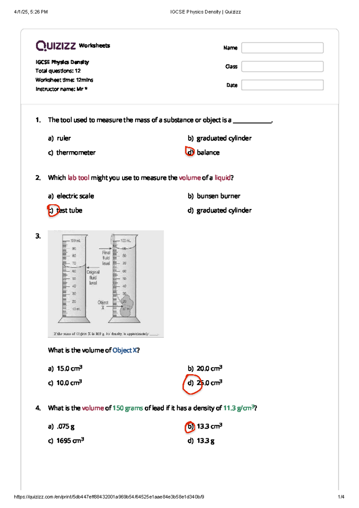 IGCSE Physics Density Quizizz Worksheet - 12 Questions - Studocu