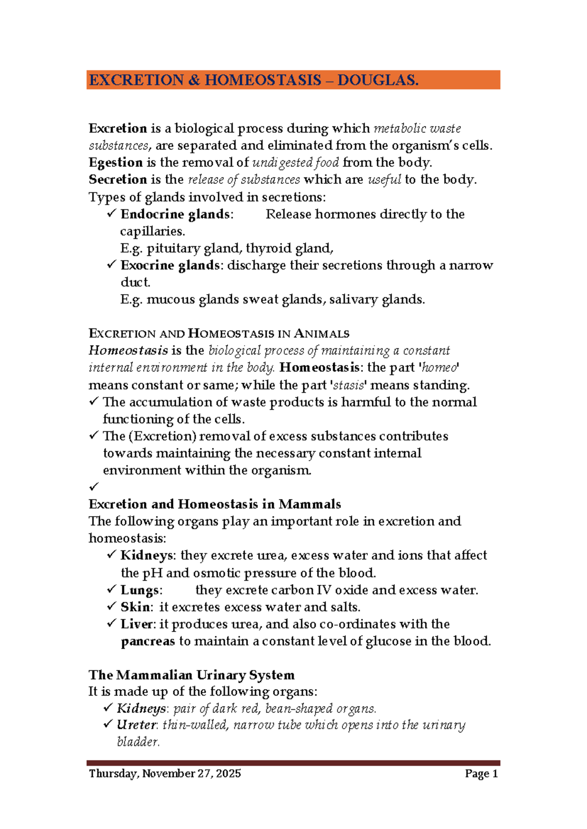 Form 2 - Excretion and Homeostasis Study Notes - Studocu