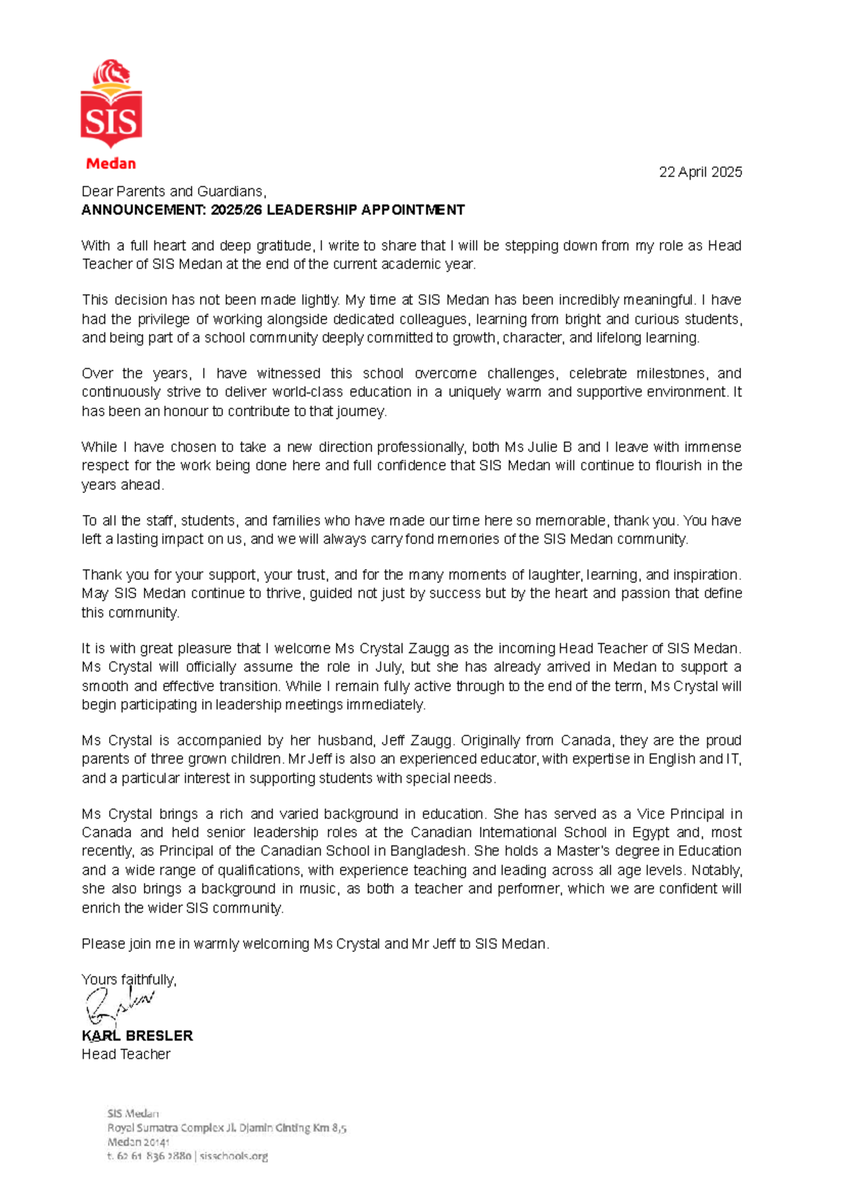 2025-26 Leadership Appointment Announcement for SIS Medan Community ...