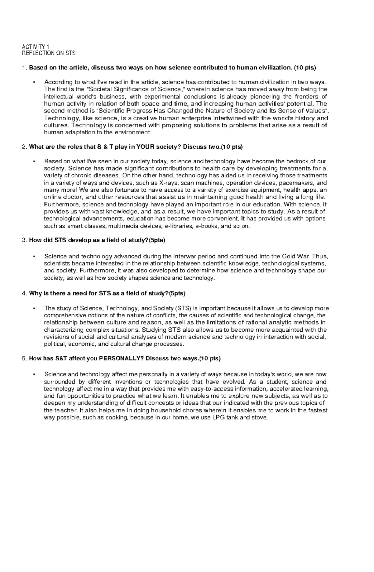 Activity 1 Reflection ON STS - ACTIVITY 1 REFLECTION ON STS Based on the article, discuss two ...