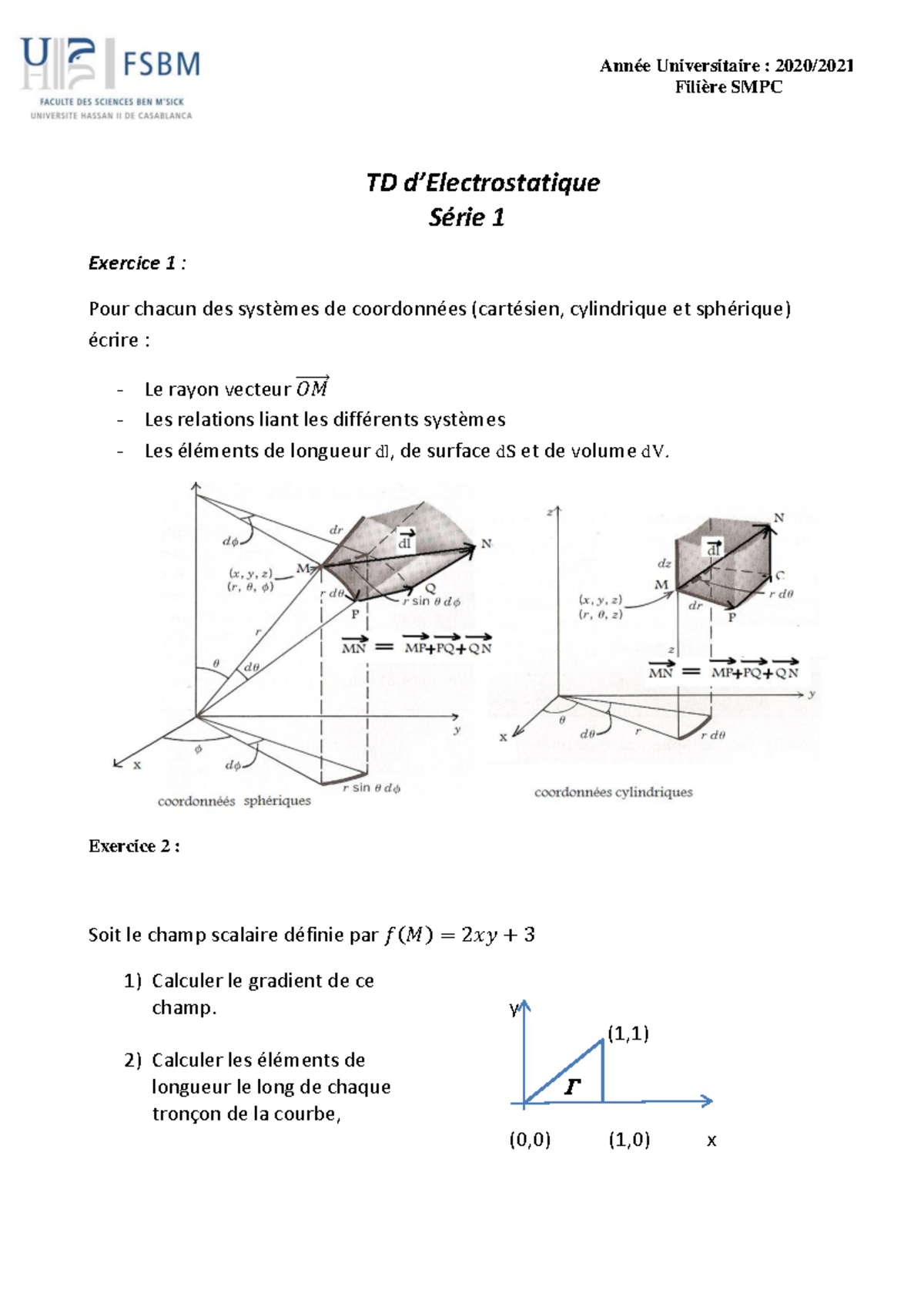TD Electrostatique Série 1 2021 - Année Universitaire : 2020/ Filière SMPC TD d’Electrostatique ...