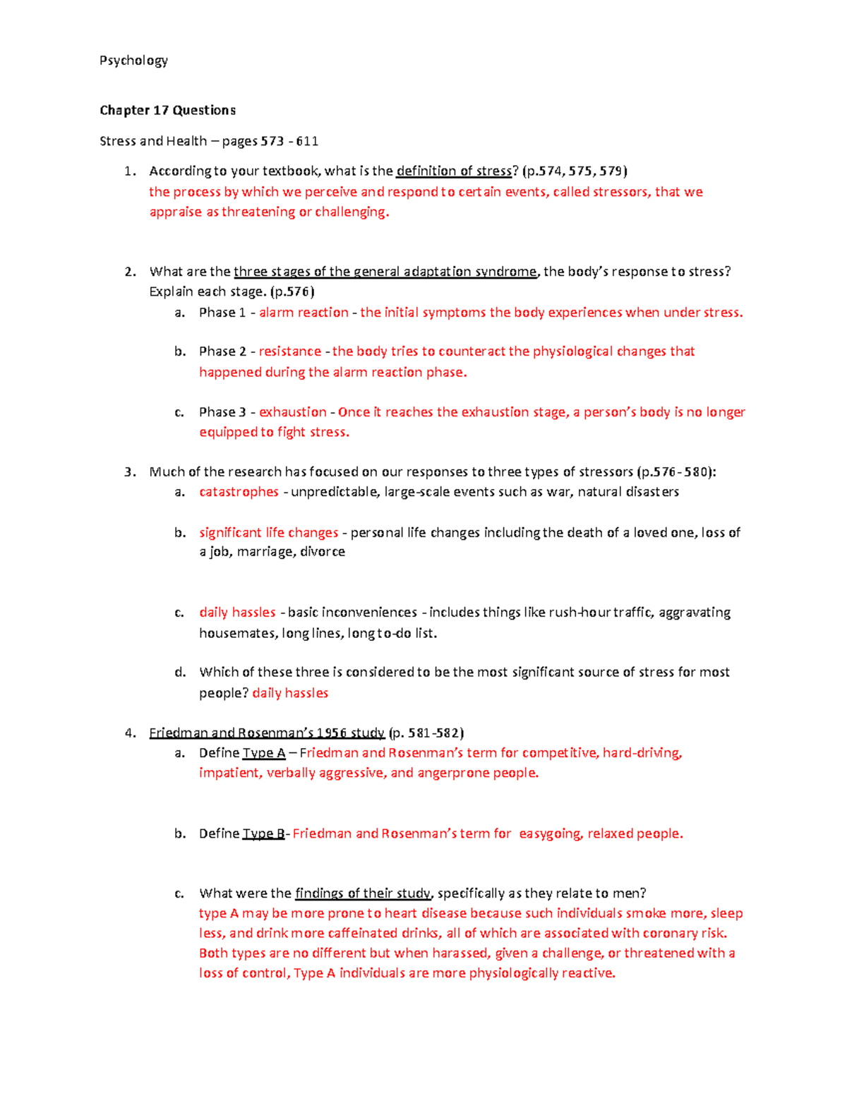 Chapter 17 Stress Questions - Psychology Chapter 17 Questions Stress ...