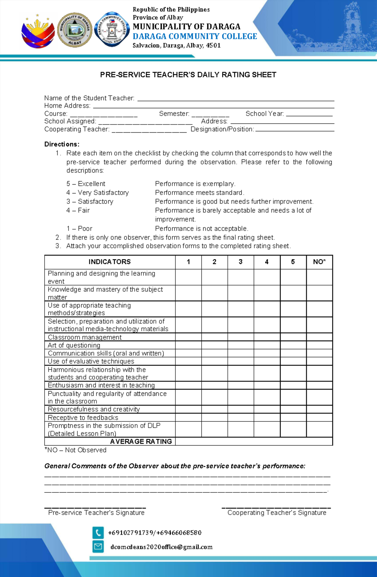 PT- Daily Rating Sheet for Teacher Observation - 2026 - Studocu