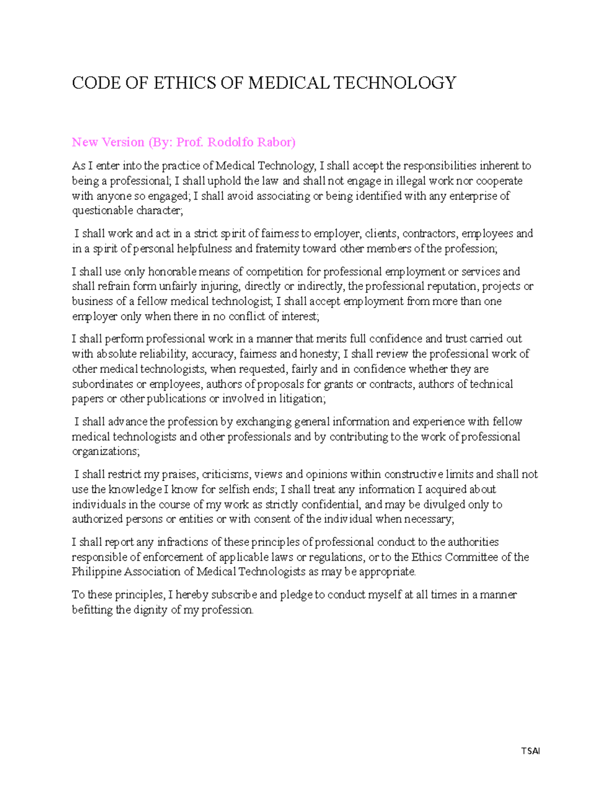 Code of Ethics for Medical Technology Professionals (By: Prof. Rabor ...