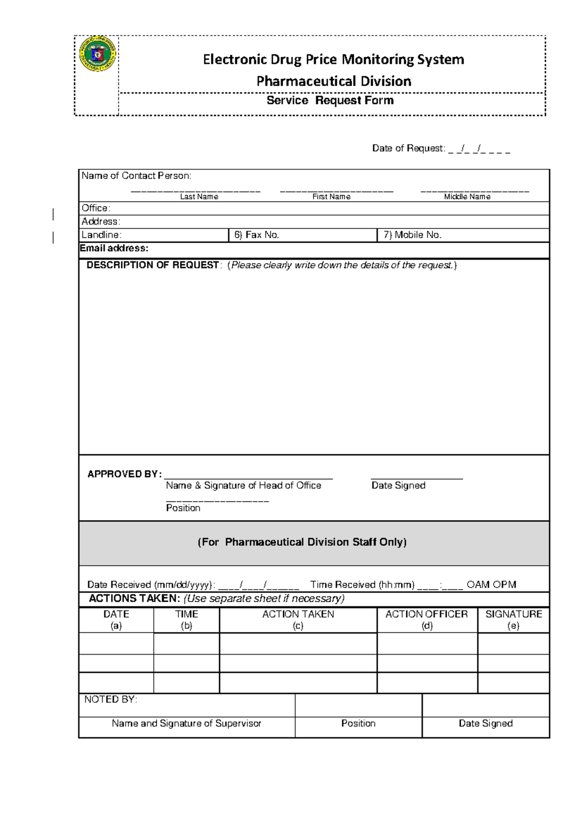 Edpms Service Request FORM - Electronic Drug Price Monitoring System ...