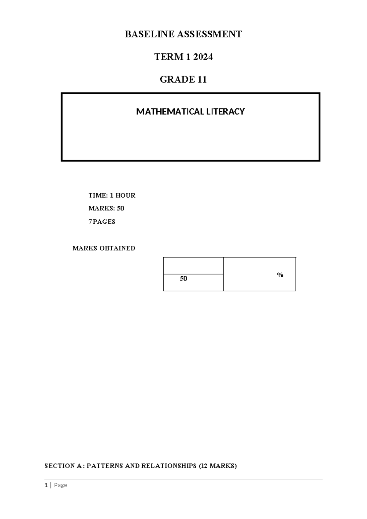 Grade 11 Mathematical Literacy Baseline Assessment Term 1 2024 - Studocu