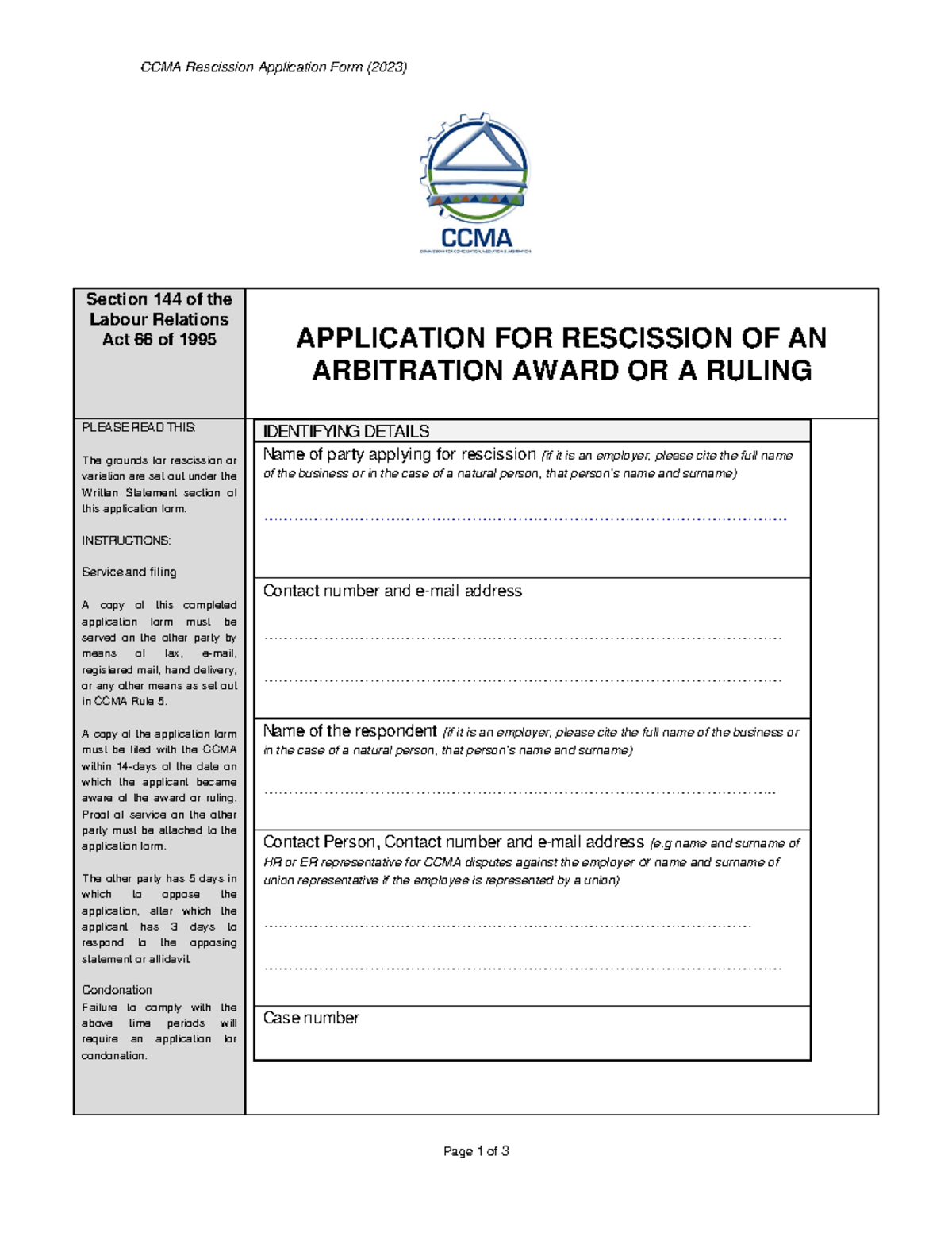 CCMA Rescission Application Form - Labour Relations Act 66 of 1995 ...