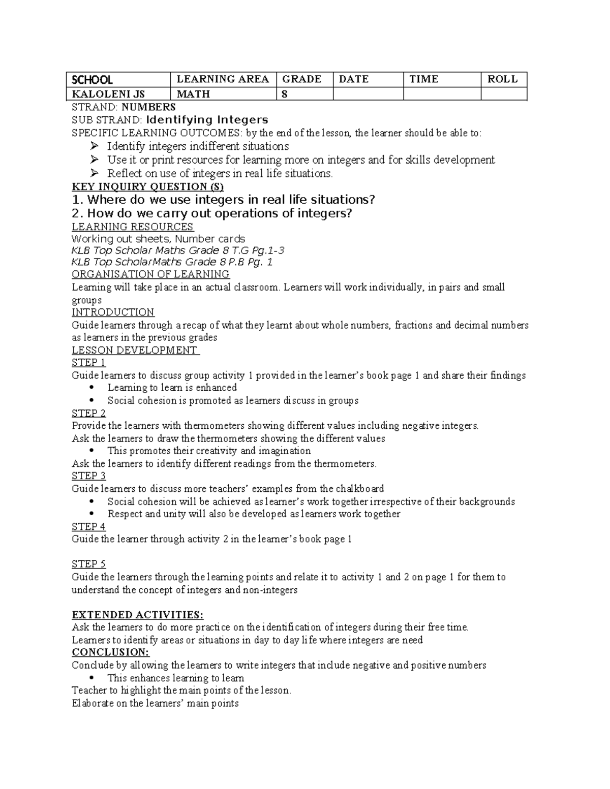 Math Grade 8 Lesson Plan: Understanding Integers and Operations - Studocu